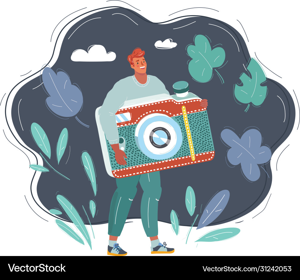 Tiny man with photocamera in his Royalty Free Vector Image