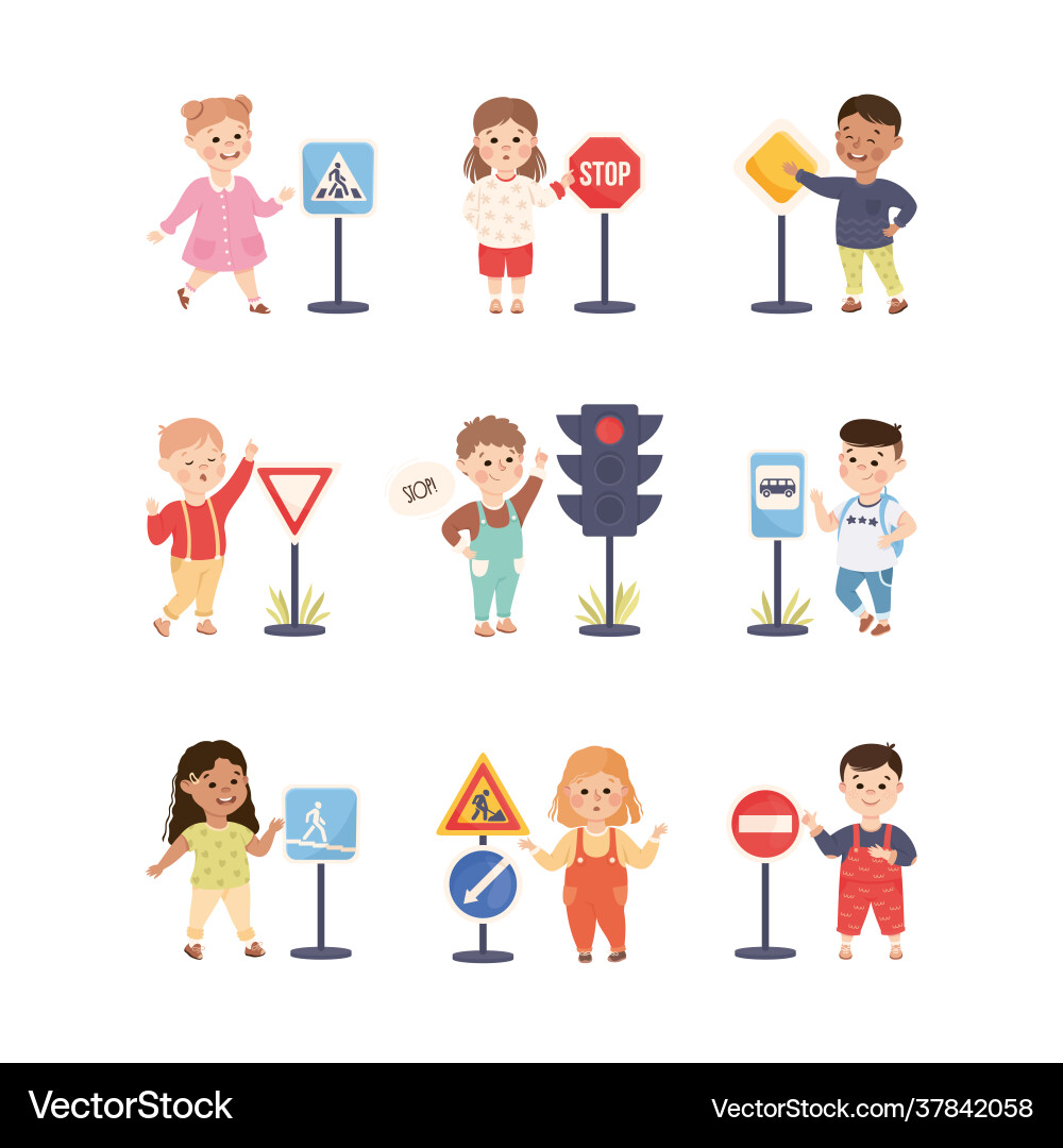 Smiling kid characters learning road signs and Vector Image