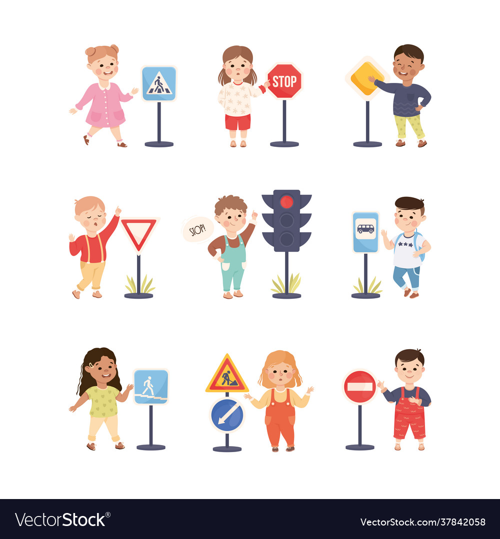 Smiling kid characters learning road signs Vector Image