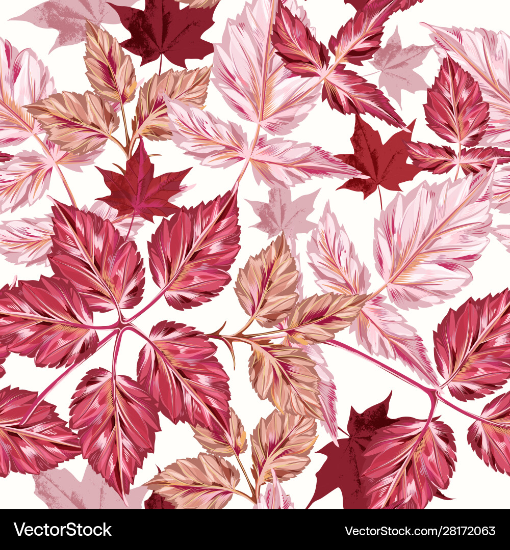 Autumn pattern with realistic leaves in pink red Vector Image