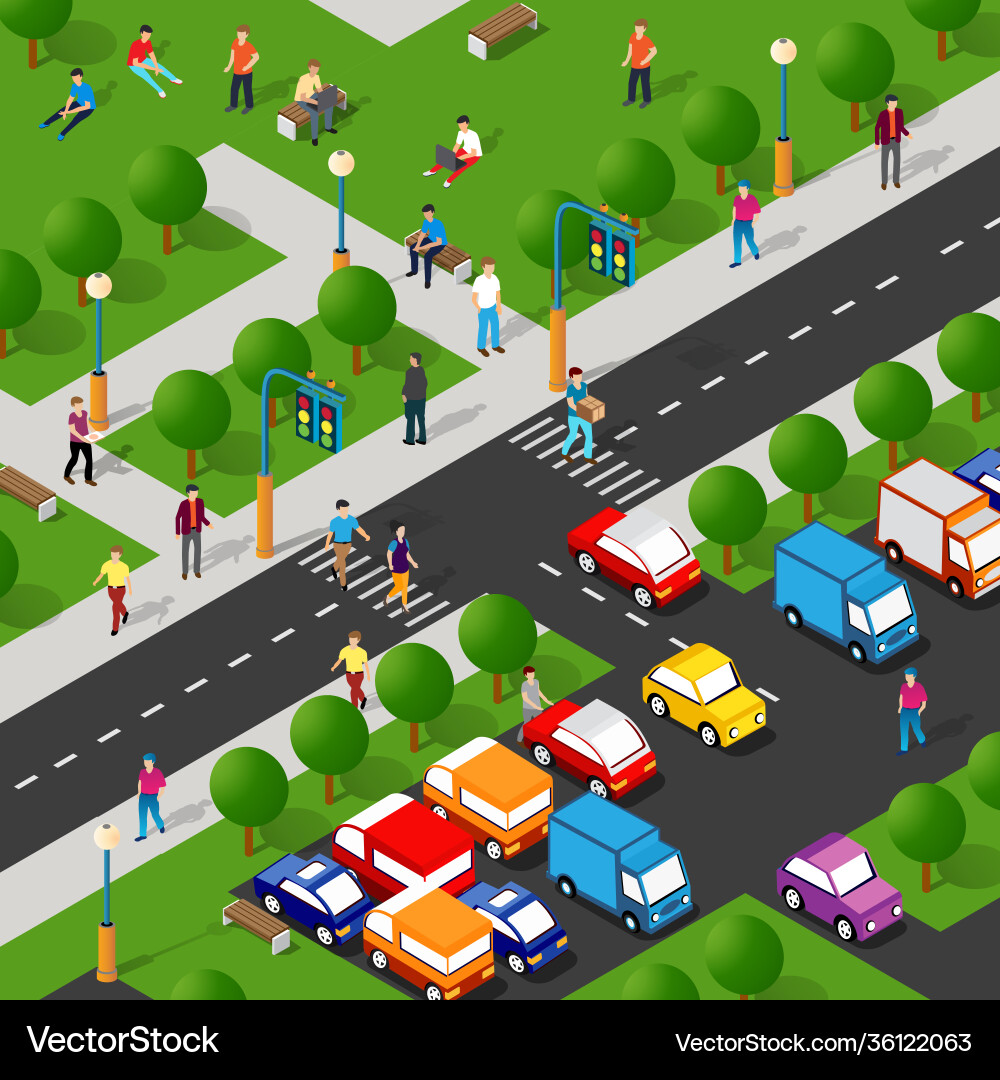 Isometric park with trees and people benches Vector Image