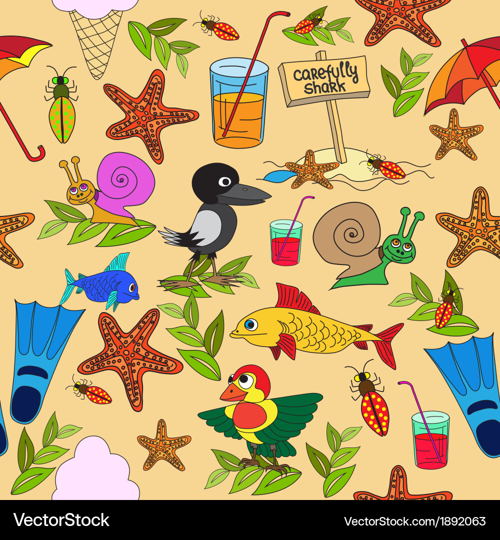 Seamless pattern plants insects and fungi Vector Image