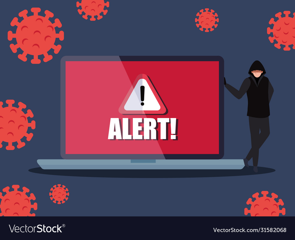 Hacker and laptop computer with danger warning Vector Image