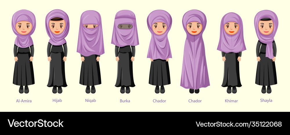 Types islamic traditional veils female Royalty Free Vector