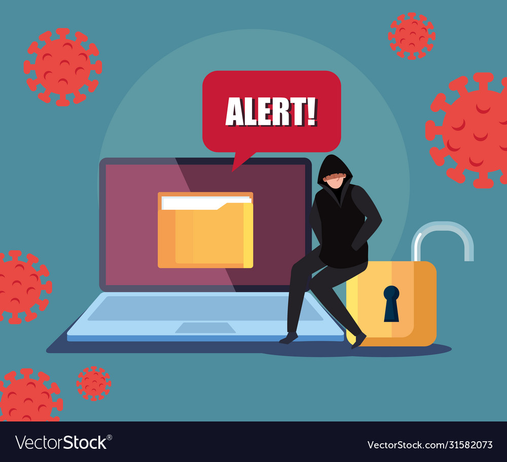 Hacker and laptop computer with alert sign during Vector Image