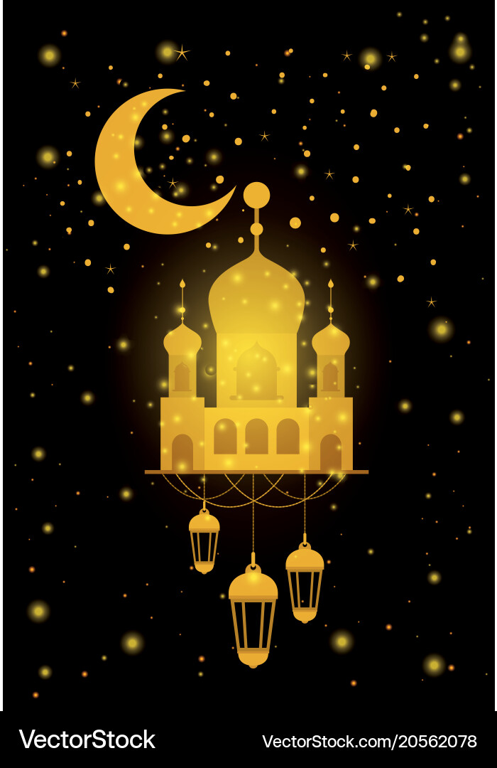 Eid mubarak temple facade with moon and lantern Vector Image