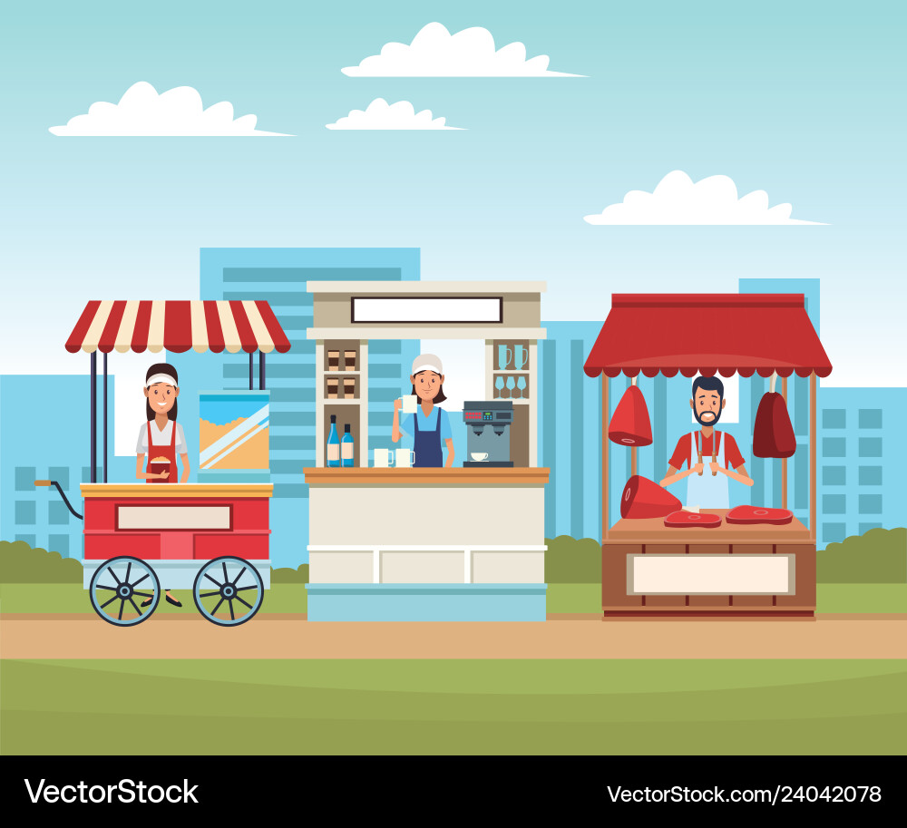 Food stands cartoon Royalty Free Vector Image - VectorStock