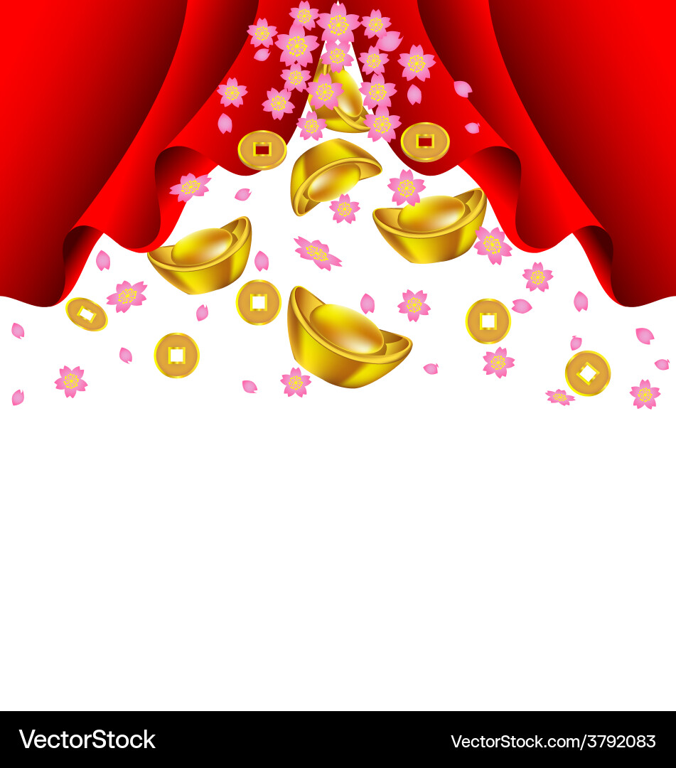 Sakura blossom and gold ingot fall from red Vector Image