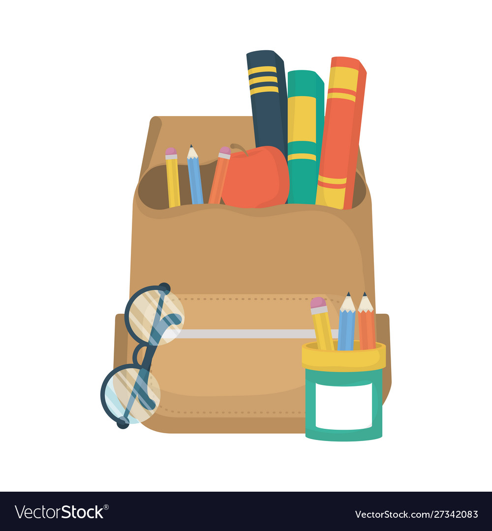 School bag with supplies education icons Vector Image