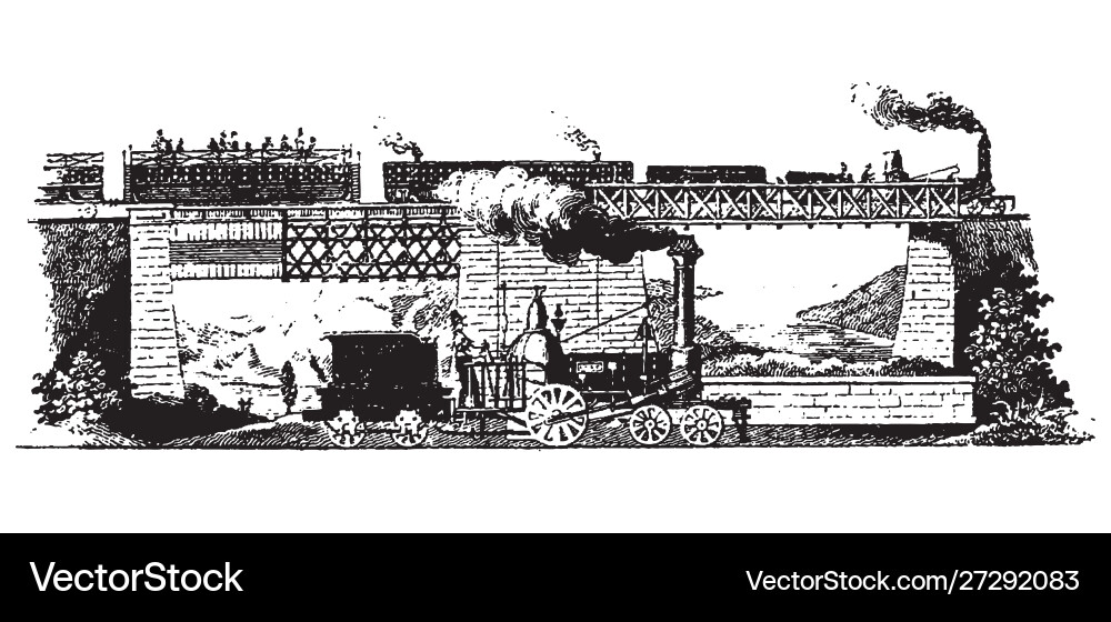 Vintage engraving a people on train Royalty Free Vector