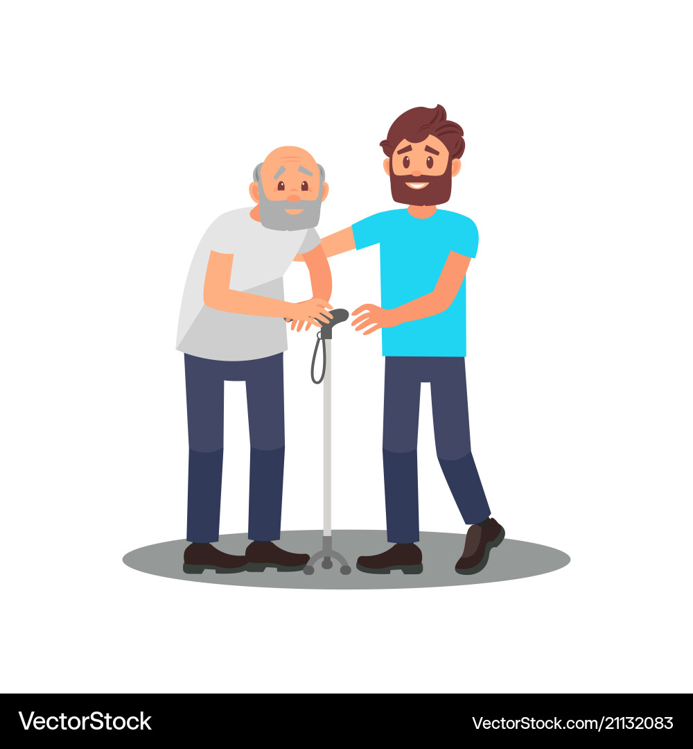 Young guy caring for senior man grandpa Royalty Free Vector