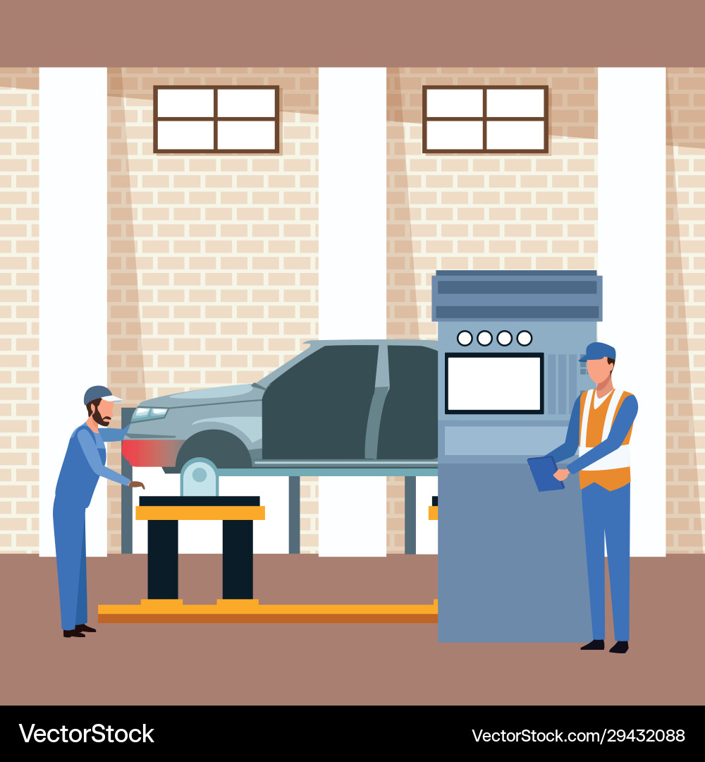 Car workshop scenery with mechanics working Vector Image