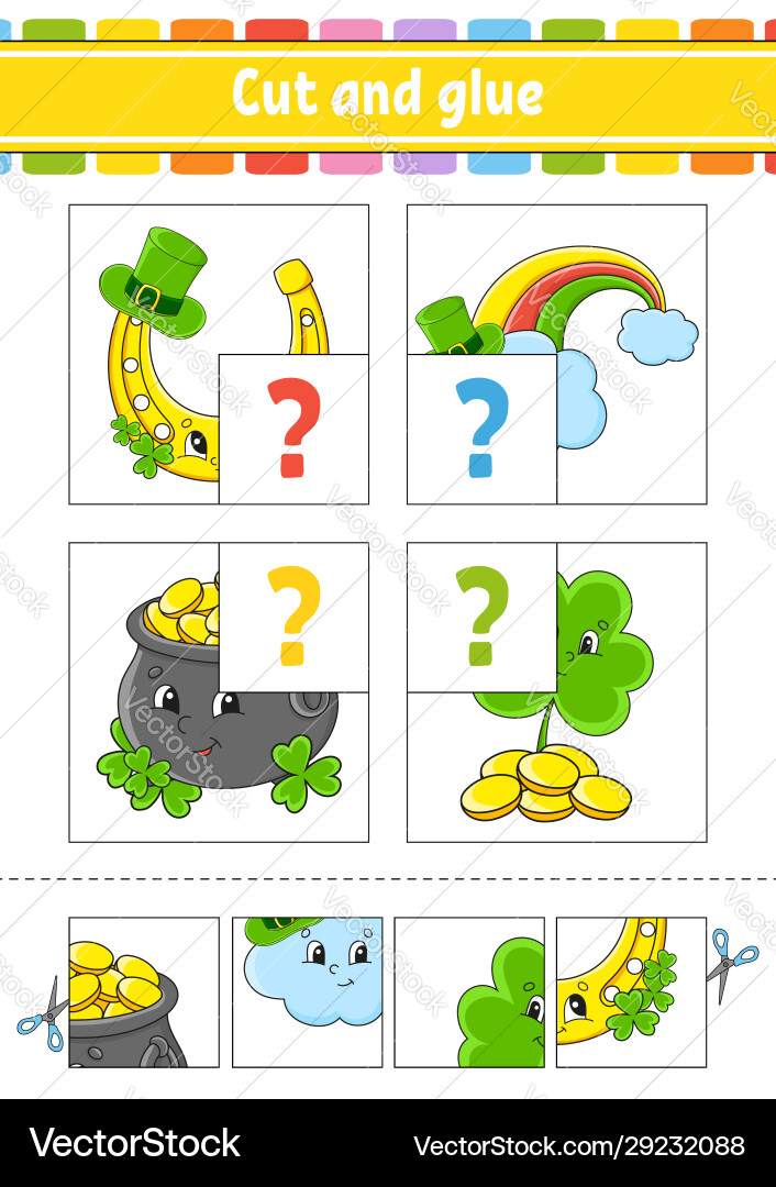 Cut and glue set flash cards st patricks day Vector Image