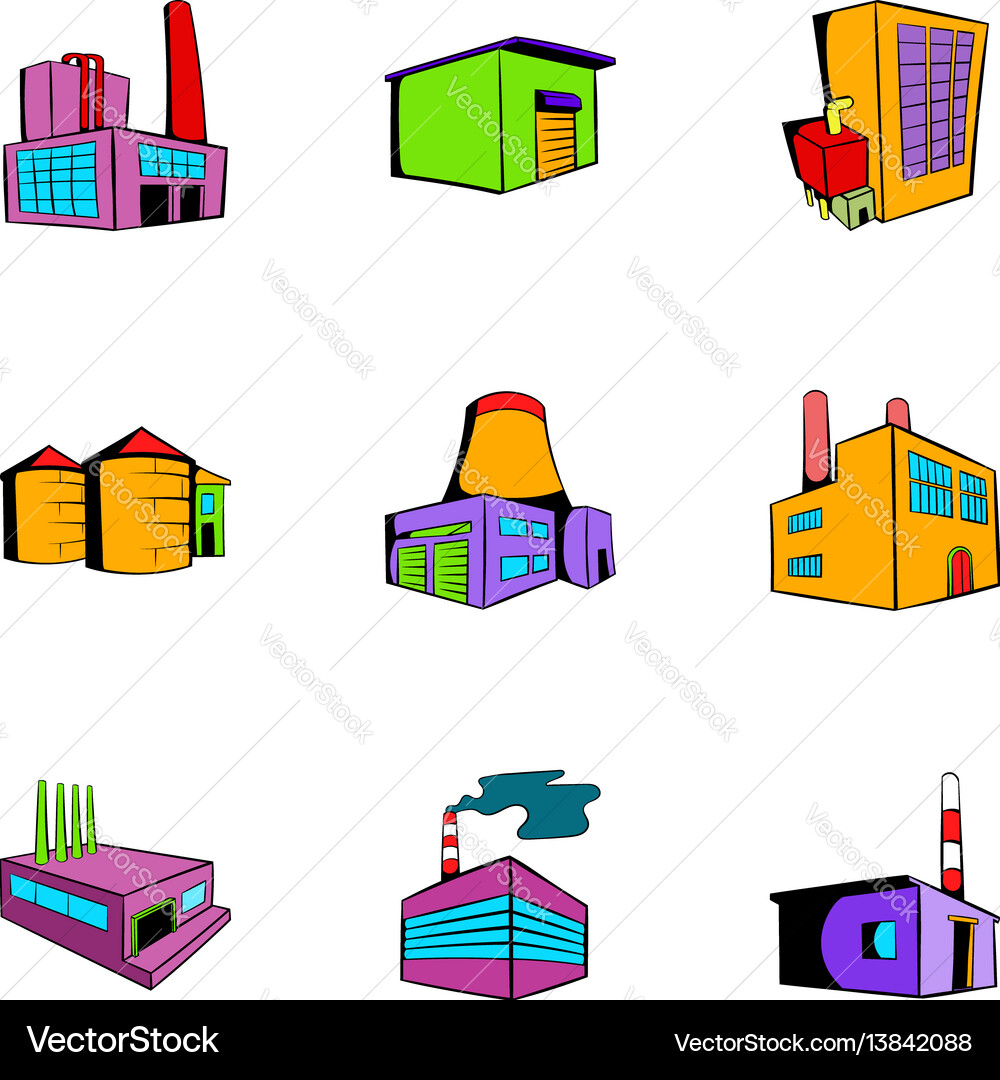 Factory icons set cartoon style Royalty Free Vector Image