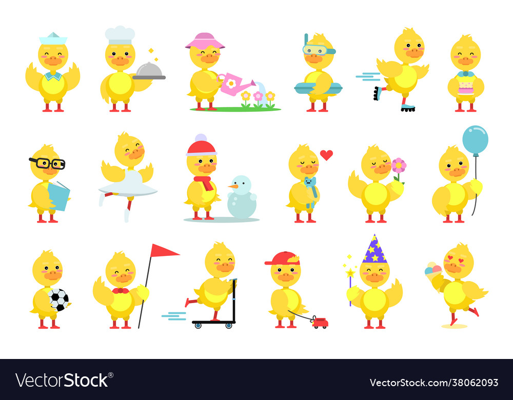 Funny yellow duckling reading book and roller Vector Image