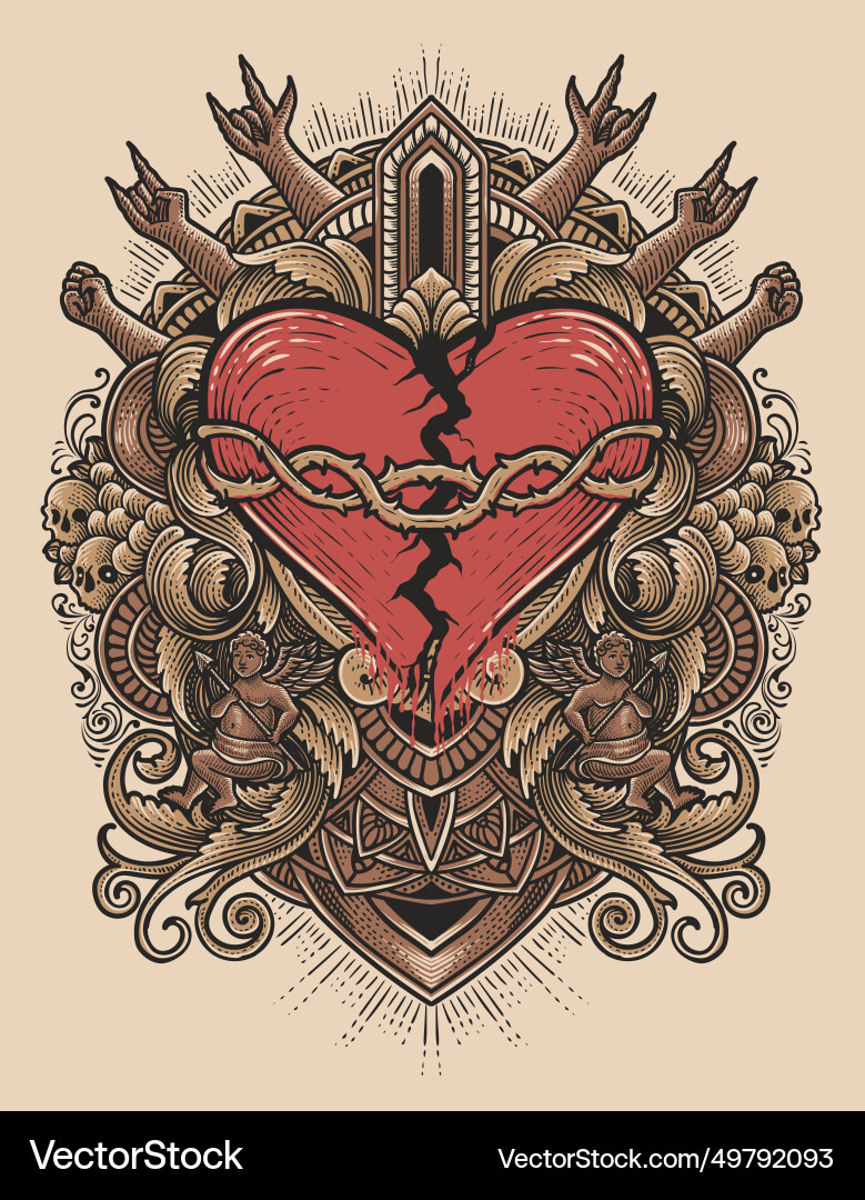 Hand drawn broken heart with engraving ornament Vector Image