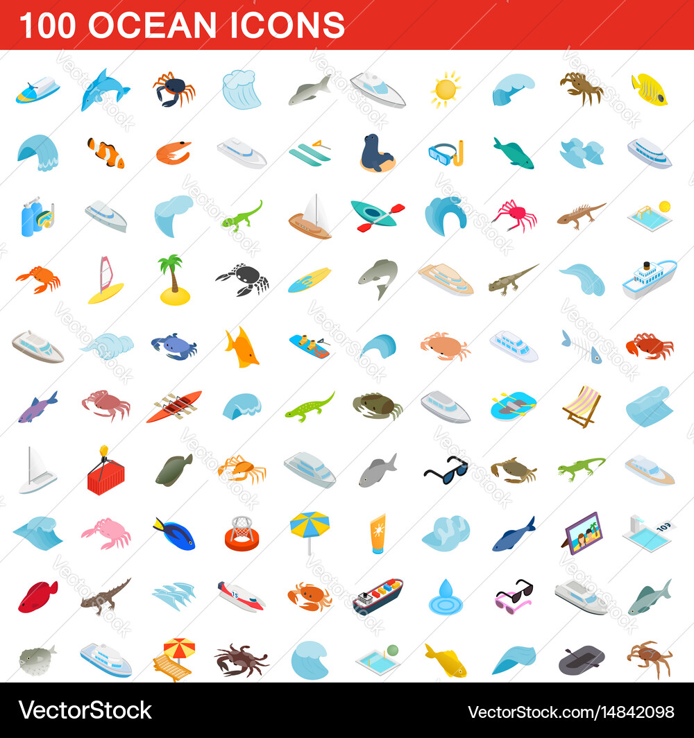 100 ocean icons set isometric 3d style Royalty Free Vector