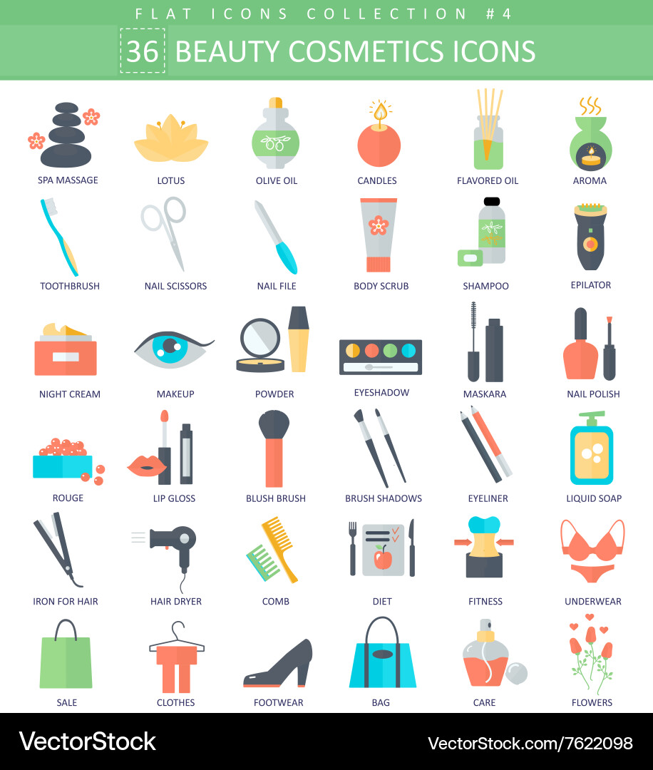 Beauty and cosmetics color flat icon set Vector Image