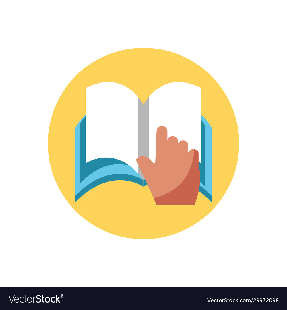 Hand pointing a book page colorful block style Vector Image