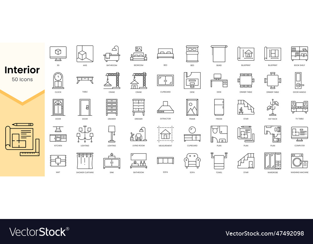 Simple outline set of interior icons linear style Vector Image