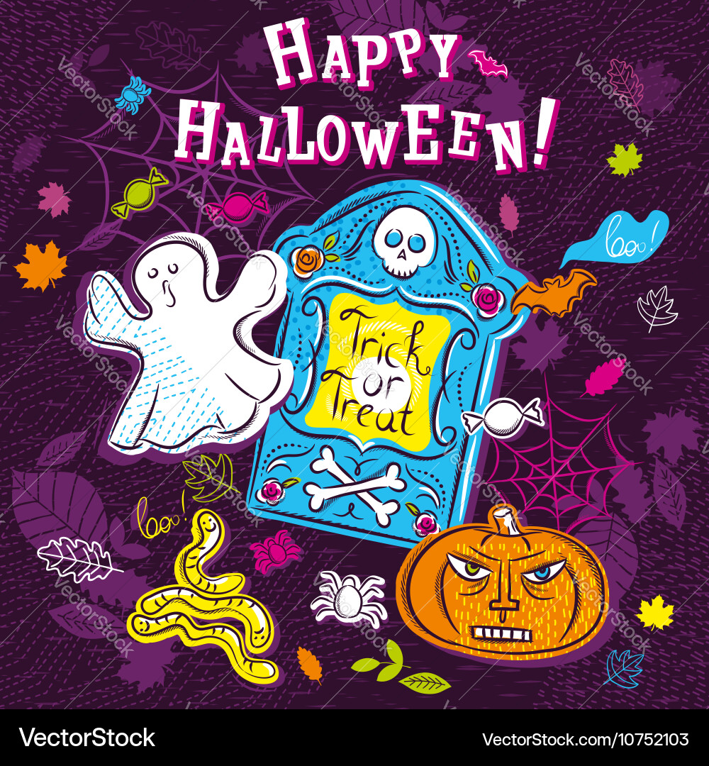 Halloween greeting card with ghost pumpkin Vector Image