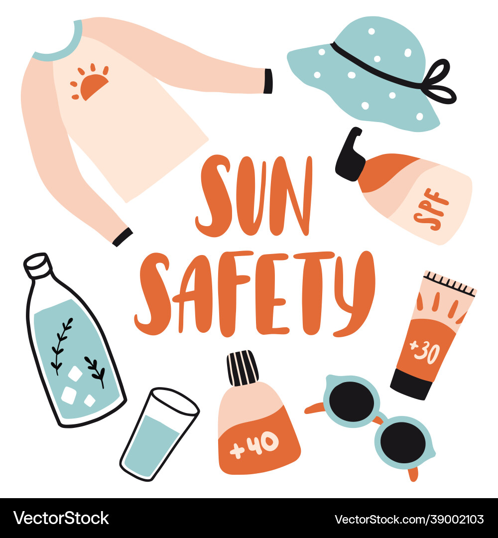 Sun safety cute cartoon set with cosmetic Vector Image