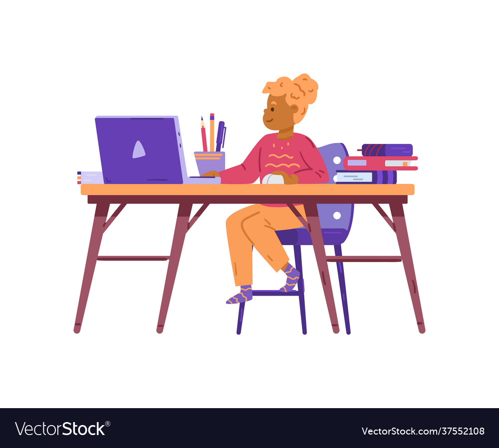 Child in front a computer learns online flat Vector Image