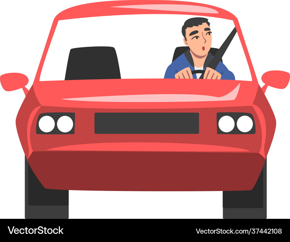 Front view man riding red car cheerful male Vector Image