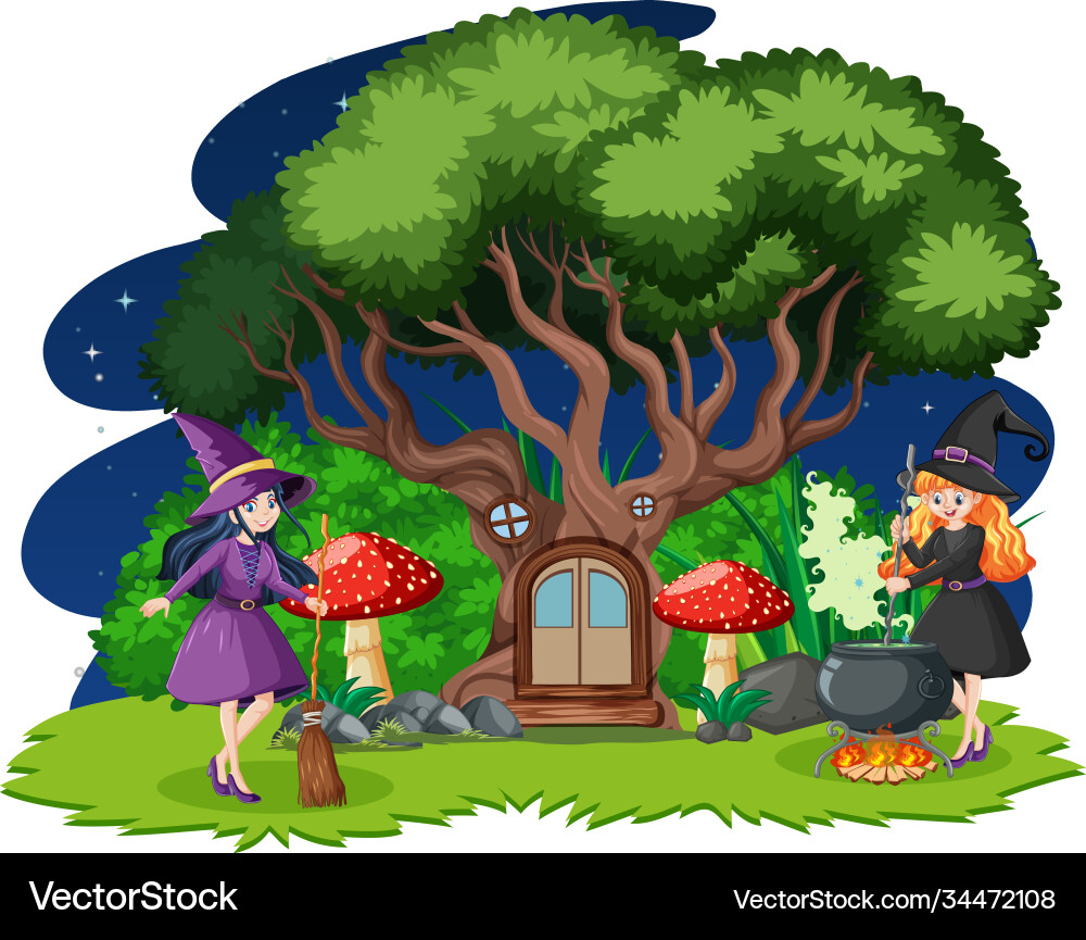 Young beautiful witches with tree house cartoon Vector Image