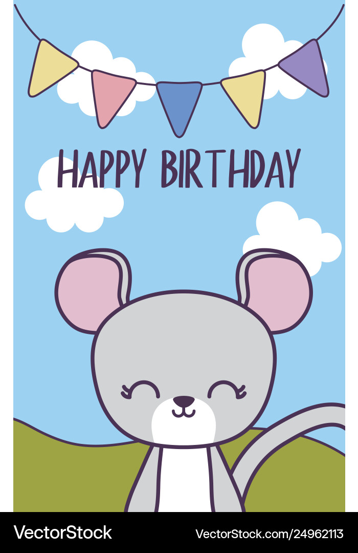 Happy birthday card with cute mouse in landscape Vector Image