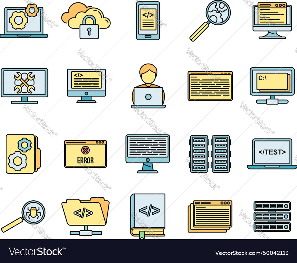 Pc Testing Software Icons Set Color Line Vector Image