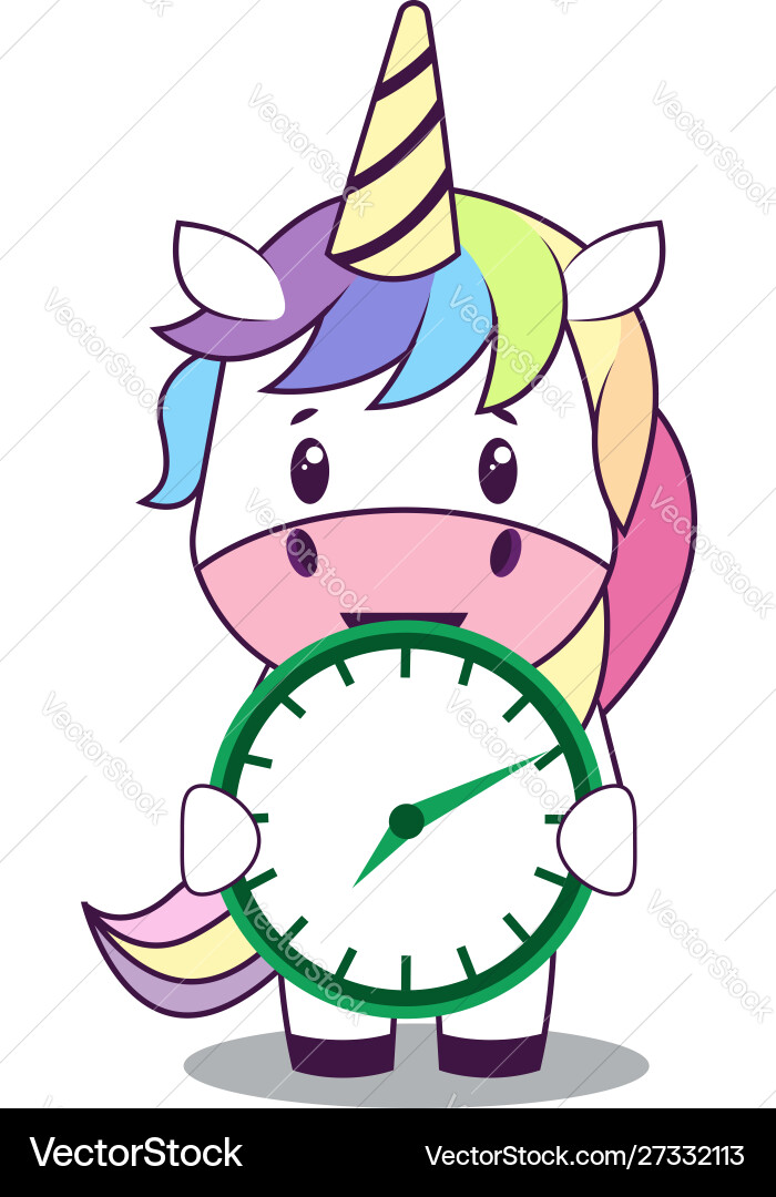 Unicorn with clock on white background Royalty Free Vector