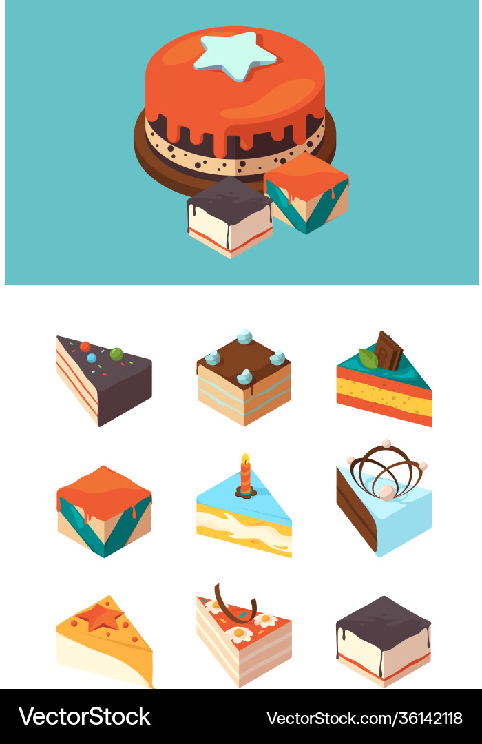 Isometric cakes delicious products sliced cake Vector Image