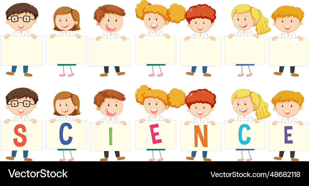 Science logo banner with cartoon scientists Vector Image