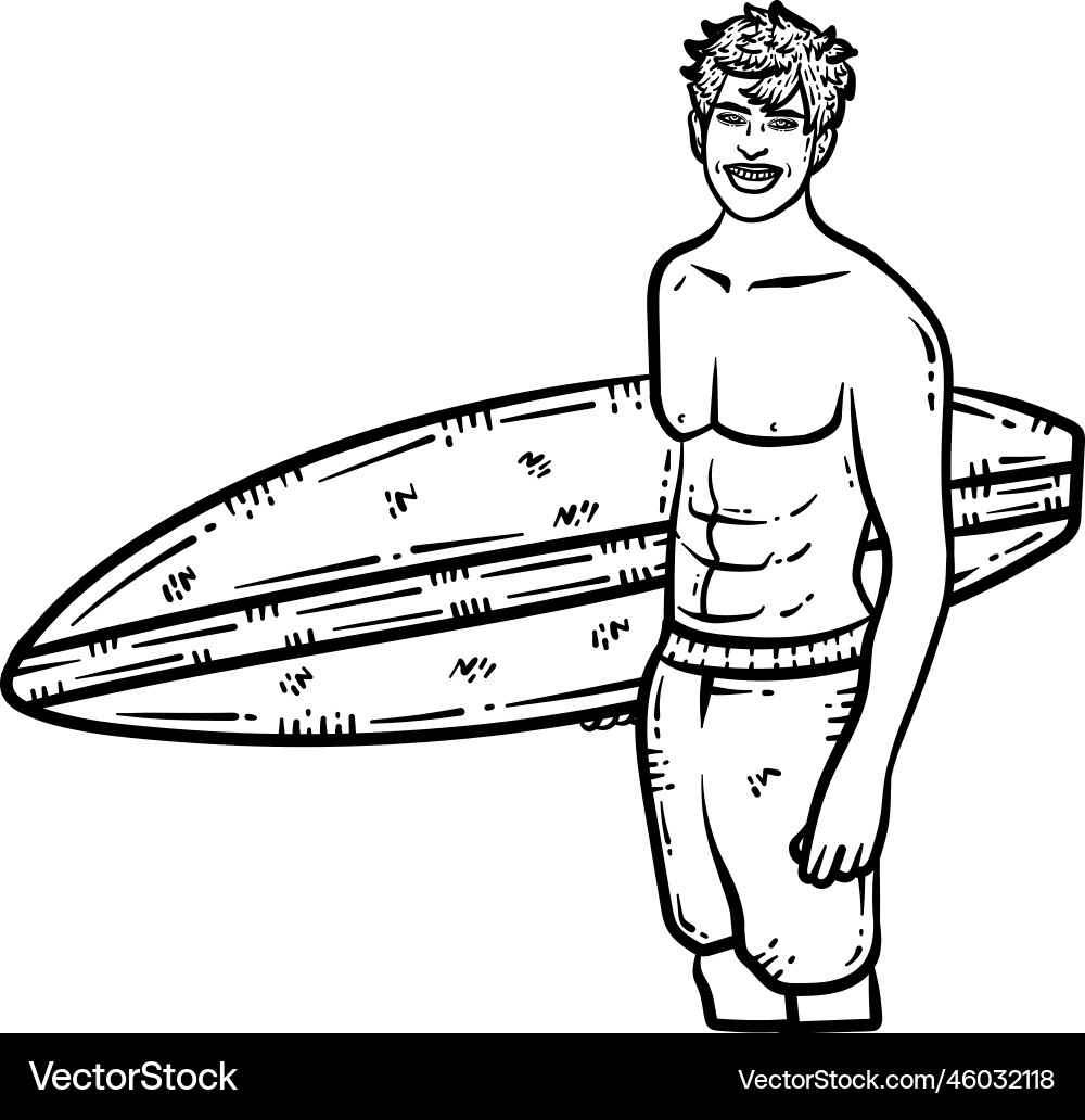 Summer man with a surfboard line art coloring page