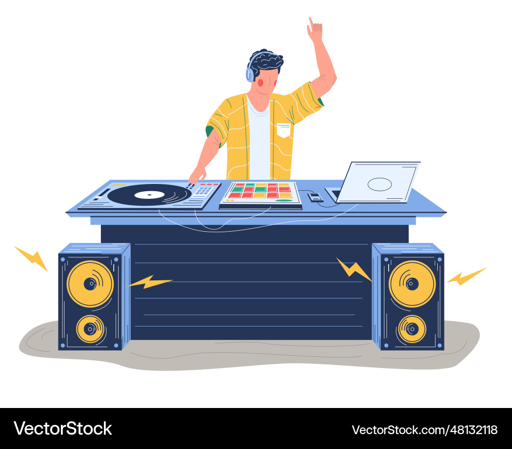 Young man dj standing at turntable mixing tracks Vector Image