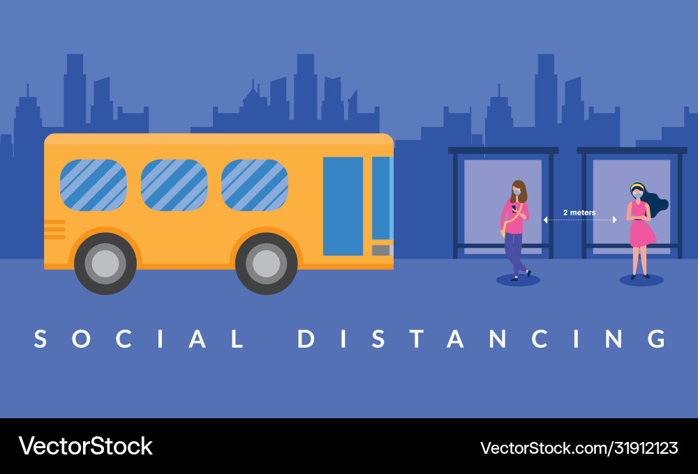 Social distancing between girls with masks Vector Image