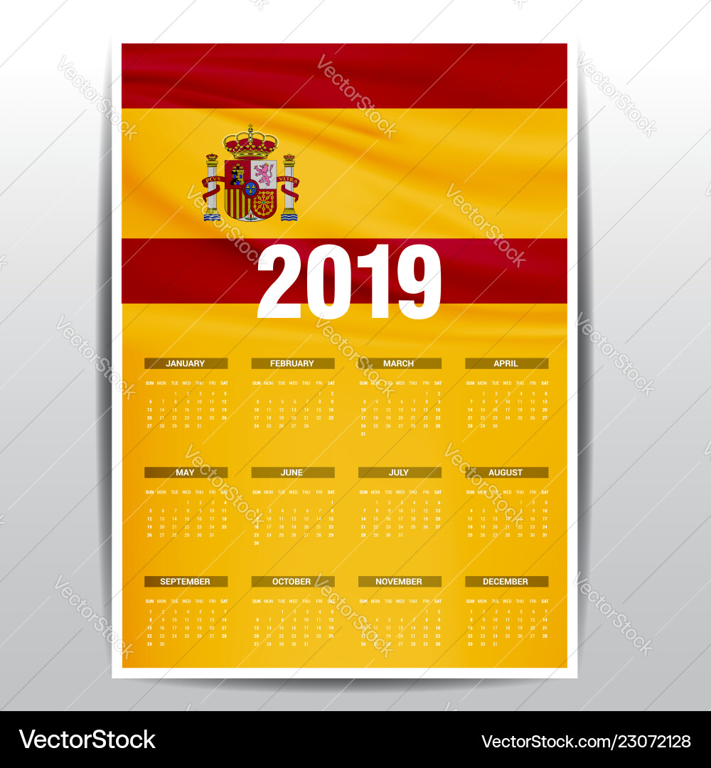Calendar 2019 spain flag background english Vector Image