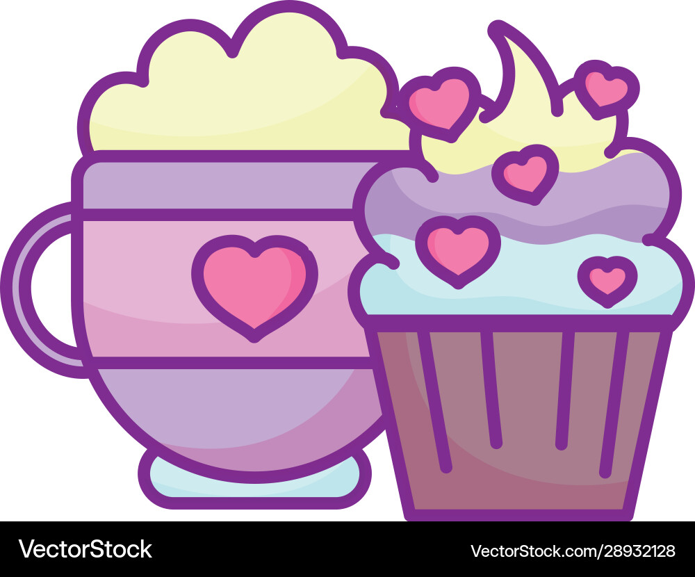 Happy valentines day coffee cup and sweet cupcake Vector Image