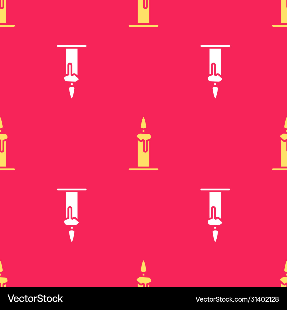 Yellow burning candle in candlestick icon isolated