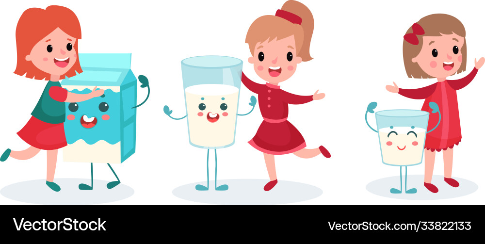 Happy girl characters playing with humanized milk Vector Image