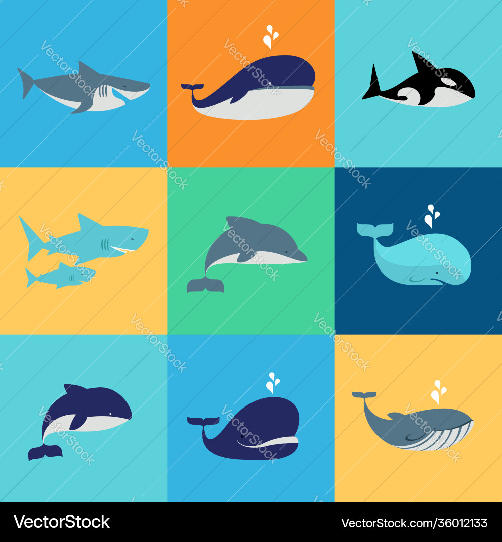Set whale dolphin and shark icons Royalty Free Vector Image
