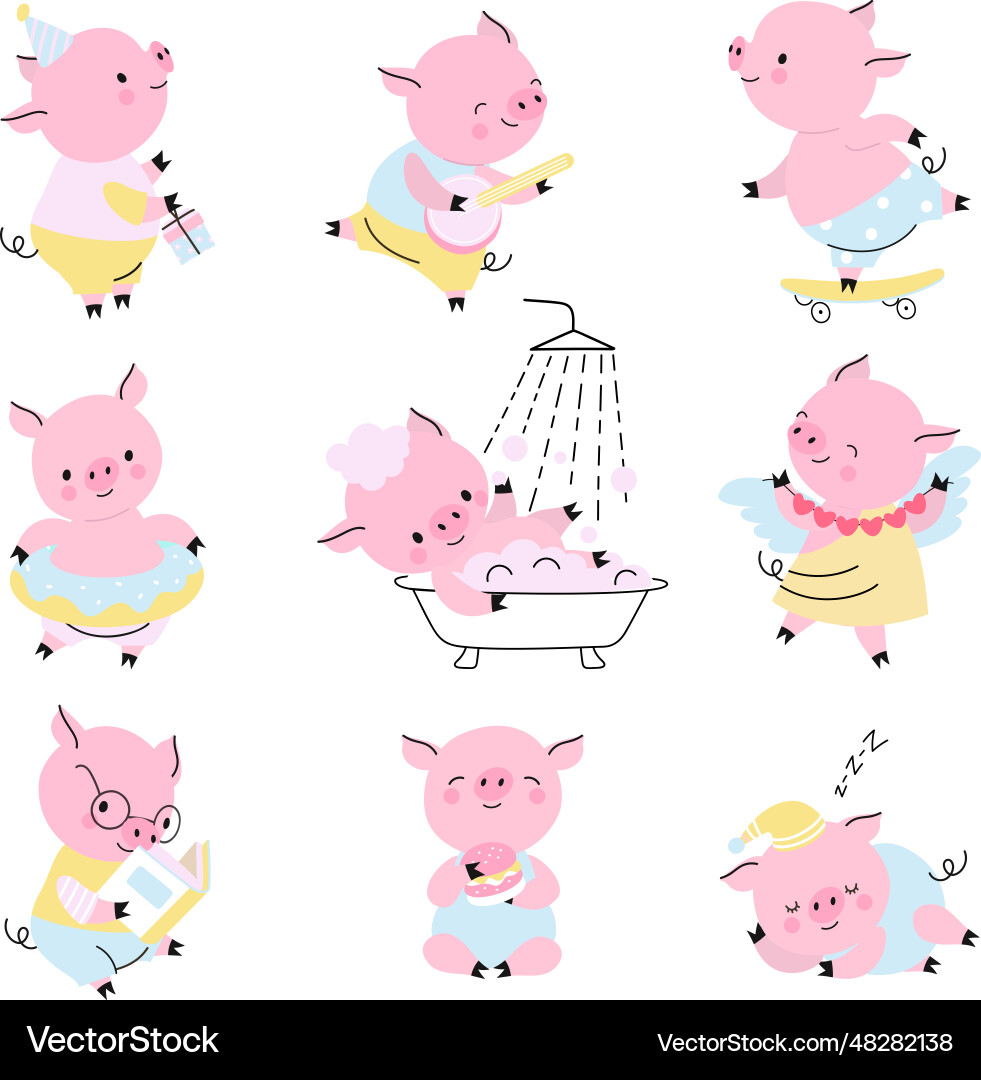 Cute pigs pid activities piggy cartoon Royalty Free Vector