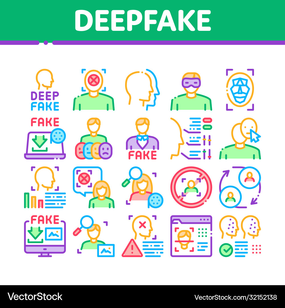 Deepfake face fake collection icons set Royalty Free Vector