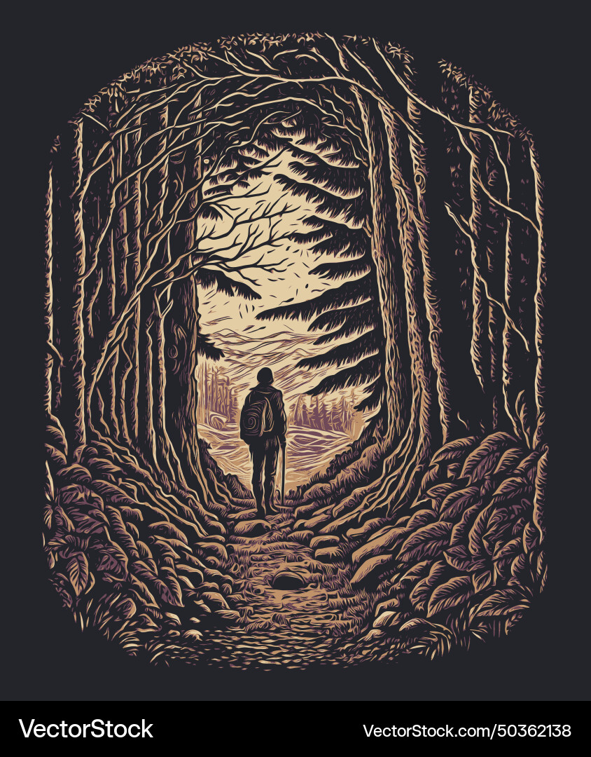 Forest path of a person walking through dark Vector Image