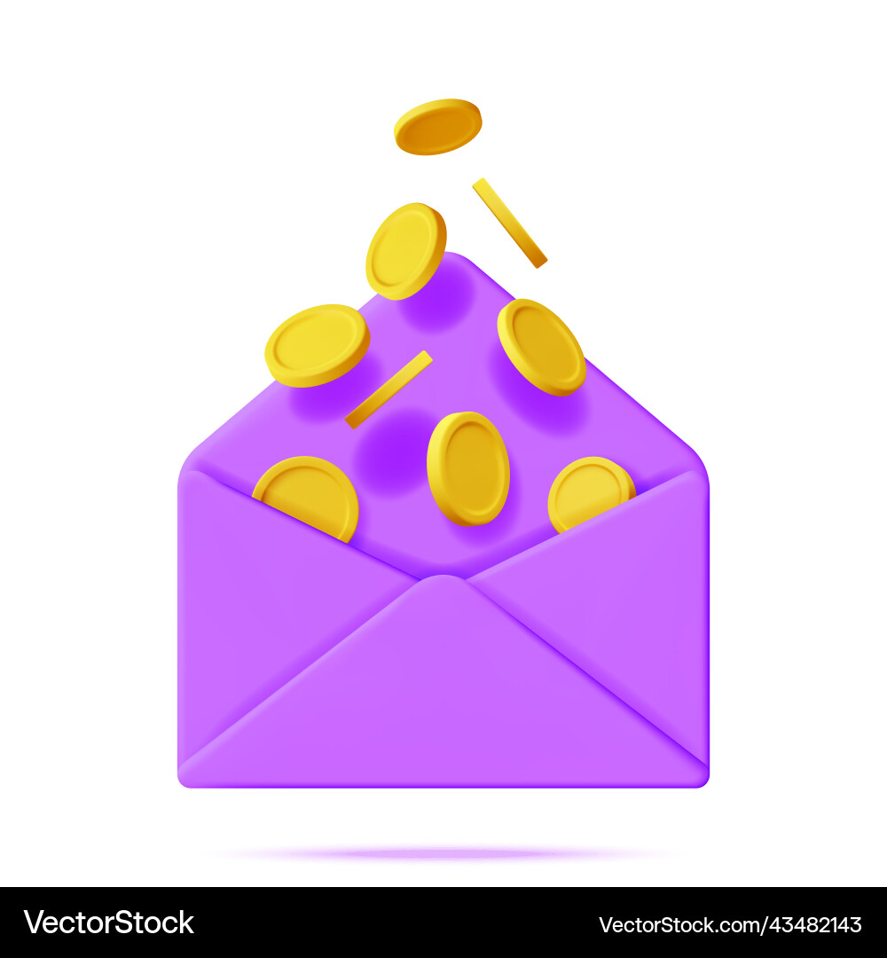 3d opened envelope with gold coin inside Vector Image