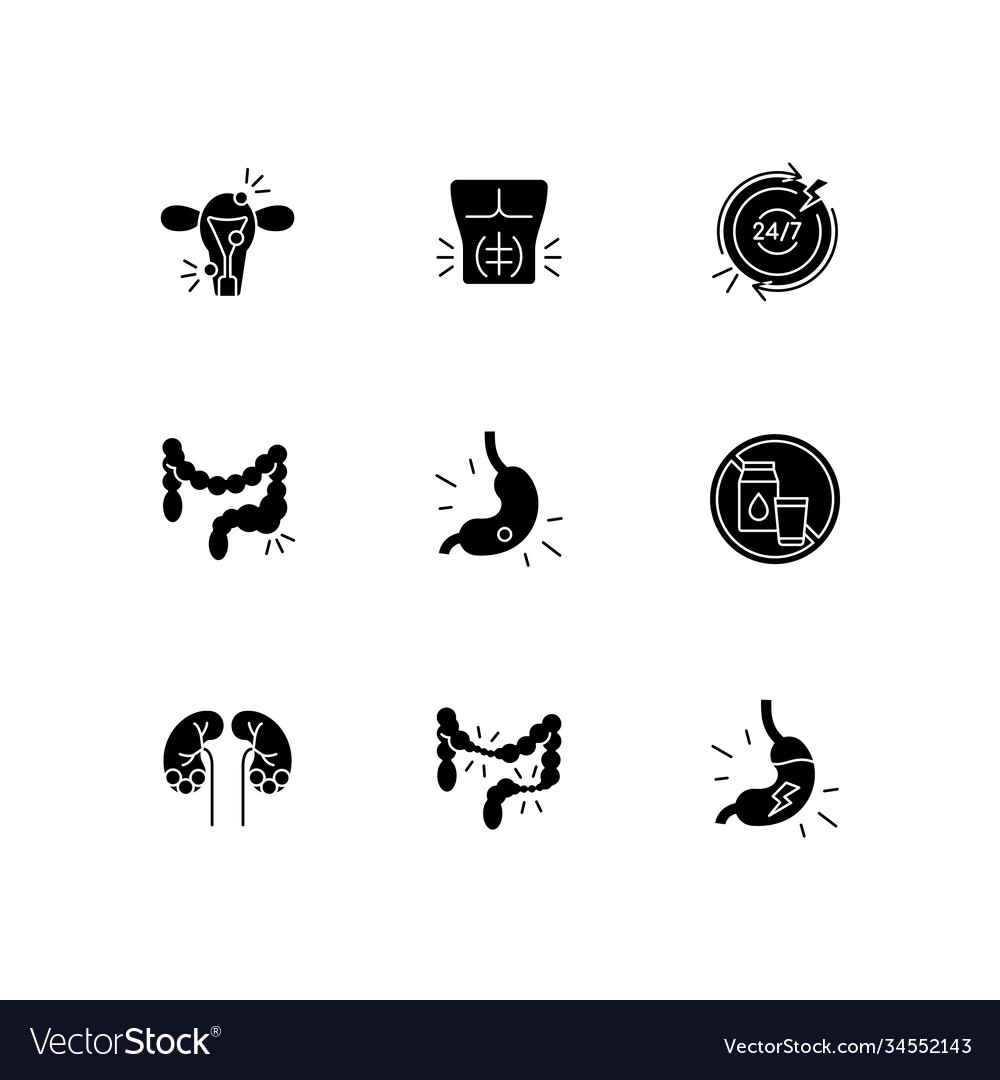 Abdominal pain black glyph icons set on white Vector Image Abdominal pain black glyph icons set on white Vector Image