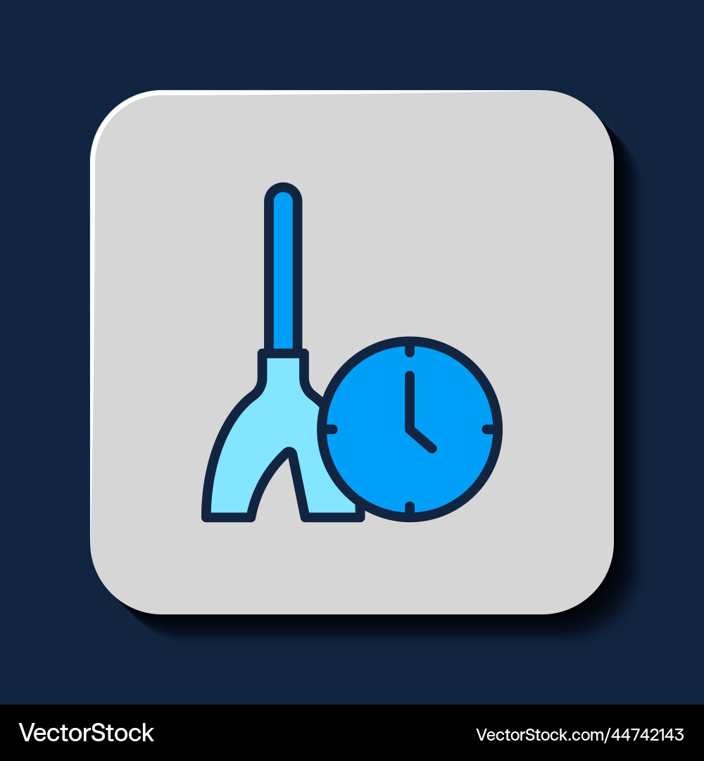 Filled outline cleaning time icon isolated on blue