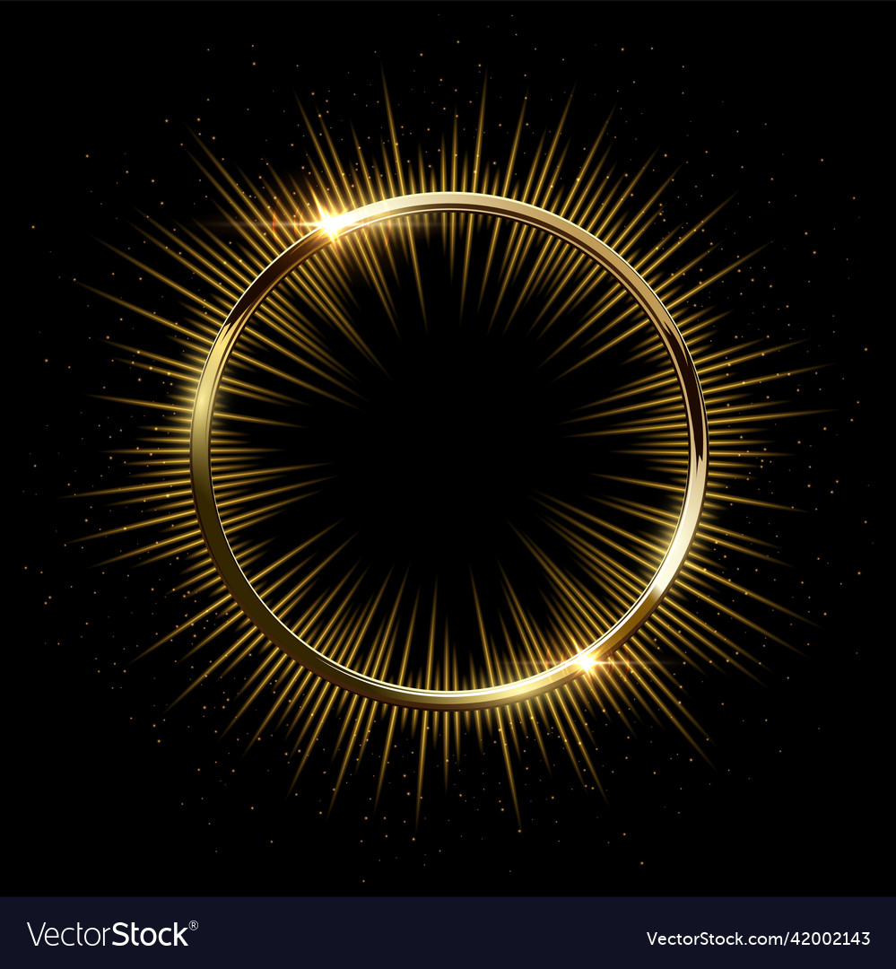 Golden sparkling ring with rays isolated on black Vector Image