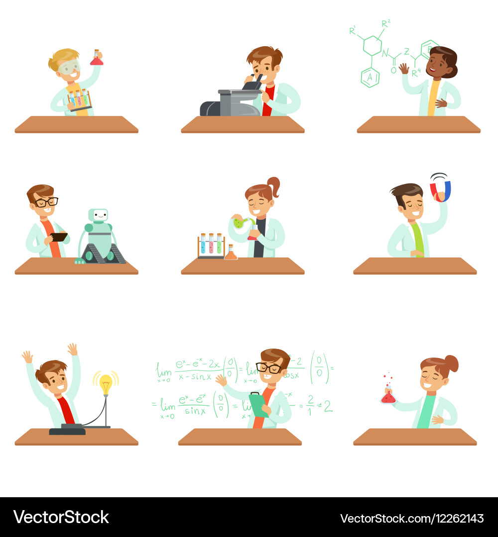 Teens in lab coats doing science research dreaming